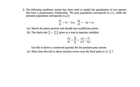 Solved The Following Nonlinear System Has Been Used To Model Chegg Com