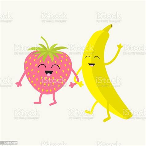 바나나와 딸기 행복 한 과일 세트입니다 웃는 얼굴 눈으로 웃는 캐릭터 만화 영원히 친구입니다 평면 디자인입니다 0명에 대한 스톡 벡터 아트 및 기타 이미지 Istock