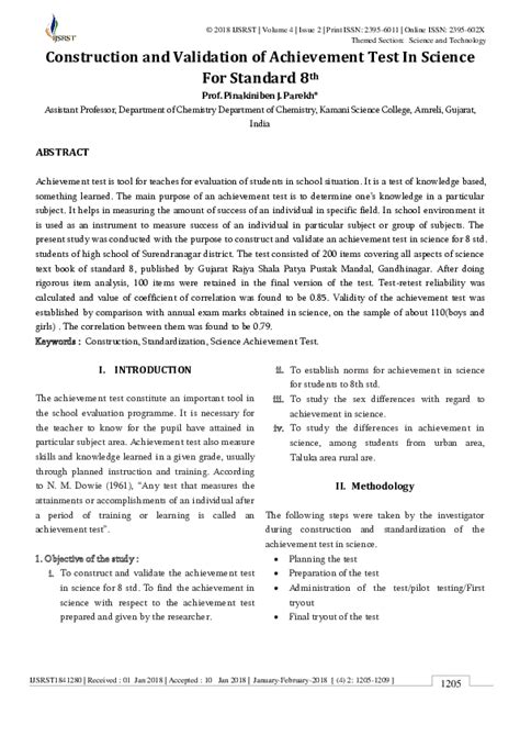 Pdf Construction And Validation Of Achievement Test In Science For Standard 8 Th