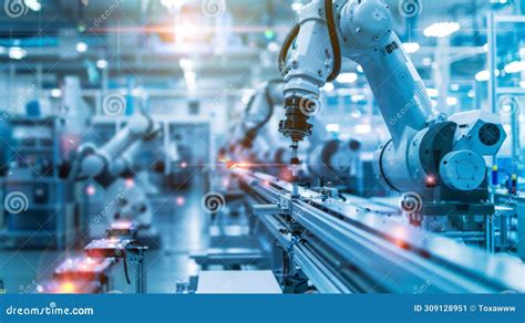 Advanced Robotic Arms In A High Tech Automated Factory Assembly Line Stock Image Image Of