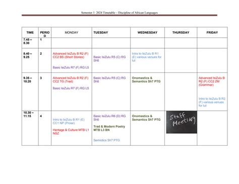 time table for second semester isizulu b ppt