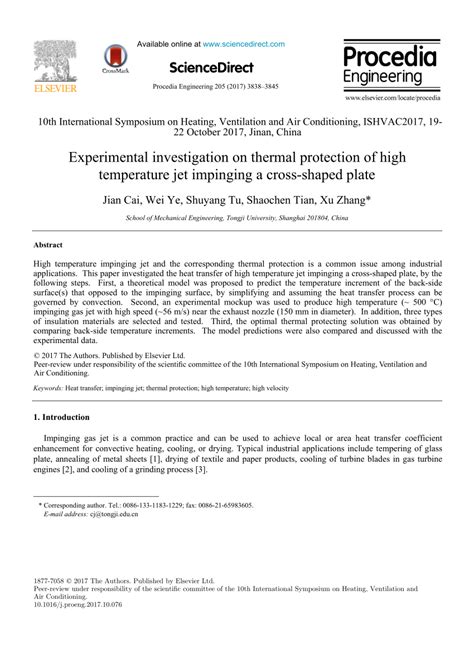 Pdf Experimental Investigation On Thermal Protection Of High Temperature Jet Impinging A Cross