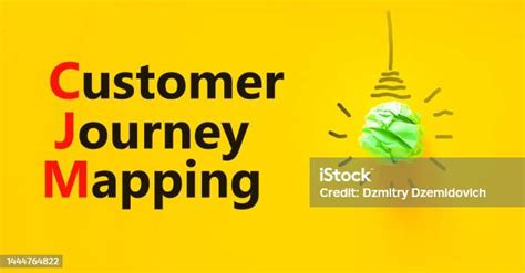 Cjm 고객 여정 매핑 기호입니다 개념 단어 Cjm 고객 여정은 아름다운 노란색 배경에 노란색 종이에 매핑됩니다 비즈니스 및 Cjm 고객 여정 매핑 개념입니다 공간을