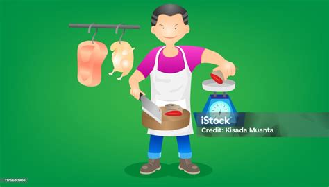 돼지고기 고기 닭고기와 상인 신선한 시장의 세트 정육점에 슬라이스 물고기를 보여주는 남자 스탠드와 가격에 대한 무게 규모에 무게 캐릭터 디자인 벡터 일러스트레이션 Eps10