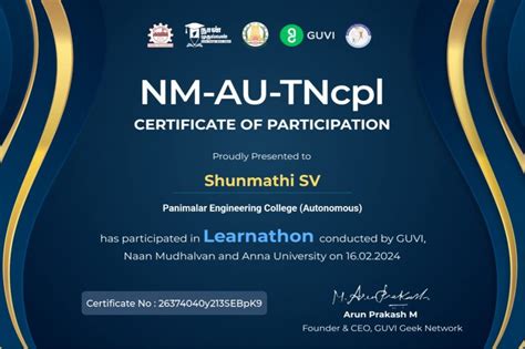 Shunmathi Sv On Linkedin Learnathon2024 Guvi Naanmudhalvan Annauniversity Lifelonglearning