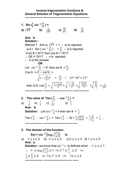 Trigonometry Exam Questions Inverse Functions Solutions
