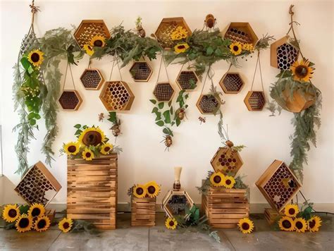 A Bee Hive Display With Sunflowers And Honeycombs Premium Ai Generated Image