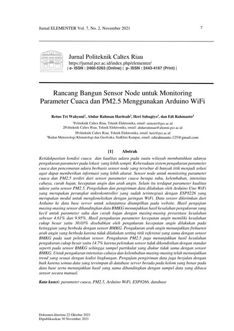 Pdf Rancang Bangun Sensor Node Untuk Monitoring Parameter Cuaca Dan Pm25 Menggunakan Arduino Wifi
