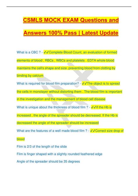 CSMLS MOCK EXAM Questions And Answers 100 Pass Latest Update CSMLS Stuvia US