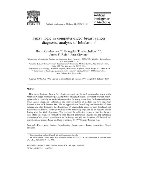 Pdf Fuzzy Logic In Computer Aided Breast Cancer Diagnosis Analysis Of Lobulation