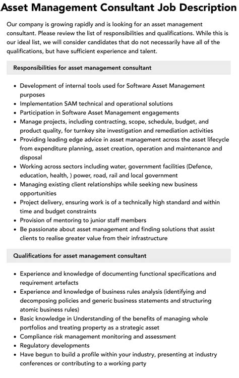 Asset Management Consultant Job Description Velvet Jobs