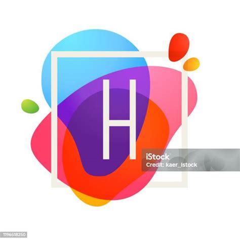 수채화 스플래시 배경의 정사각형 프레임에 H 문자 로고 고풍스런에 대한 스톡 벡터 아트 및 기타 이미지 고풍스런 다중 색상 다층 효과 Istock