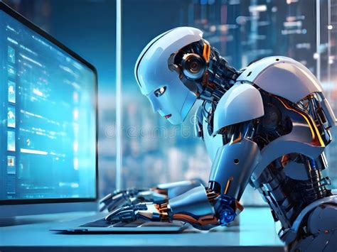 A Highly Ai Robot Working With Computers Stock Illustration