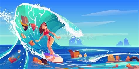 Surfer Girl Swim In Dirty Ocean With Trash Stock Vector Illustration Of Surf Graphic 219738075