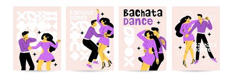 바차타 파티를 위한 포스터 4개 세트 적극적으로 함께 시간을 보내는 남자와 여자 관능적 인 로맨틱 댄스를 추는 커플 라틴 댄스 레슨 벡터 일러스트 레이 션은 밝은 배경에