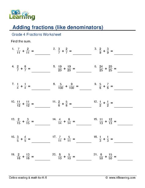 Grade 4 Fractions Worksheet Adding Fractions With Like Denominators