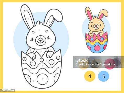 부활절 달걀에 귀여운 토끼가 있는 아이들을 위한 숫자로 색칠하기 책 색칠 예제가 있는 만화 토끼가 있는 색칠 공부 페이지 블랙 앤 화이트 및 컬러 버전 벡터 일러스트 레이