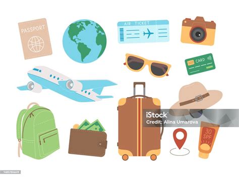여권 지구본 항공권 카메라 비행기 선글라스 신용 카드 배낭 지갑 여행 가방 모자 위치 아이콘 및 Spf 크림이 포함된 여행 세트 모험 관광 휴가 여행 여행 주제에 대한 스톡