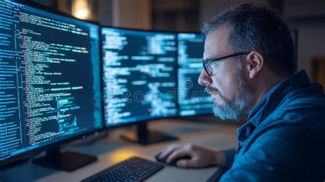 Software Developer Coding At Multi Monitor Workstation Stock