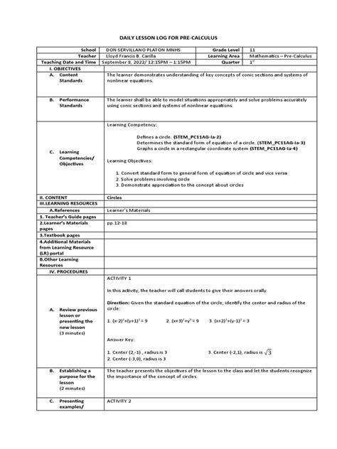 Pre Cal Dll Week 3 Pdf Circle Equations