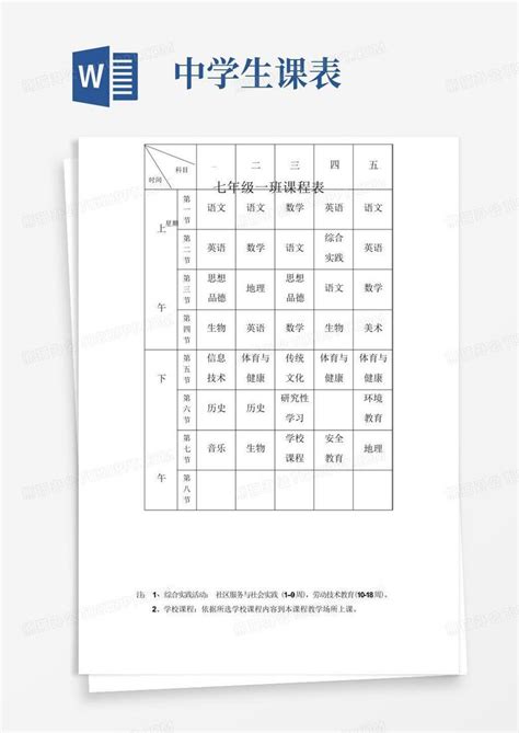 初中各班级总课程表word模板下载 编号qjypvvab 熊猫办公