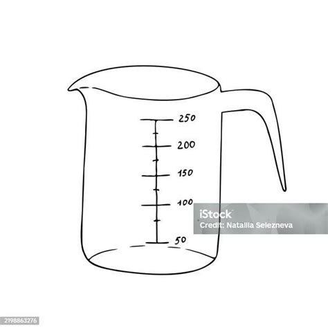 벡터 측정 컵입니다 그래픽 잉크 플라스틱 부엌 도구 그림이 배경에 고립되어 있습니다 손으로 그린 선 스케치 디자이너 인쇄 로고 아이콘 메뉴 엽서 휴일 표지 규모에 대한 스톡