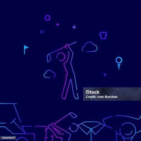 벡터 라인 아이콘 어두운 파란색 배경에 그림을 치는 후 골퍼 관련 된 아래쪽 테두리 골프에 대한 스톡 벡터 아트 및 기타 이미지 골프 밤 하루 시간대 개성 개념