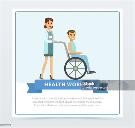 추진 하는 여성 의사 웹사이트 또는 모바일 응용 프로그램에 대 한 건강 작업자 배너 평면 벡터 요소 휠체어에 앉아 남자를 비활성화 남자에 대한 스톡 벡터 아트 및 기타