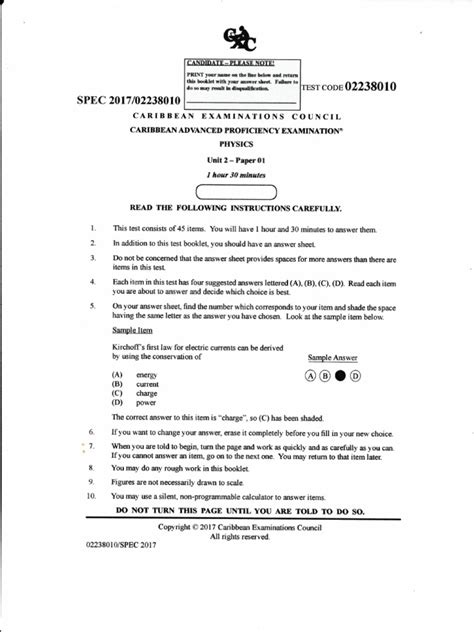 Cape Physics U2 P1 Specimen Paper 2017 With Answers Pdf