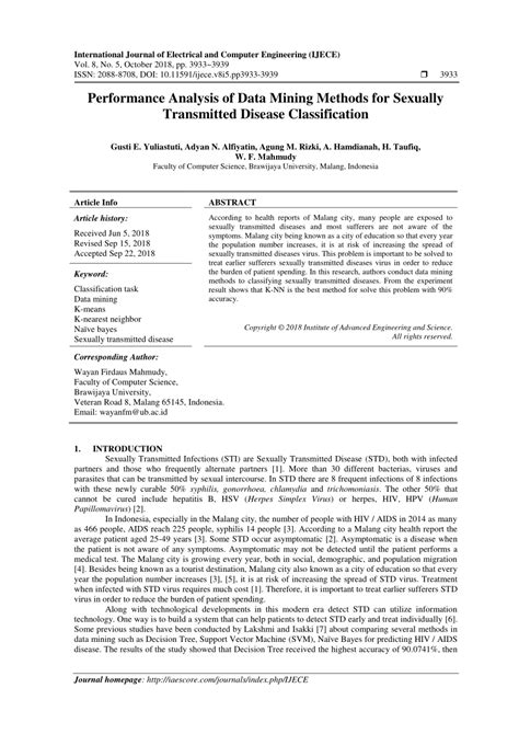 PDF Performance Analysis Of Data Mining Methods For Sexually Transmitted Disease Classification