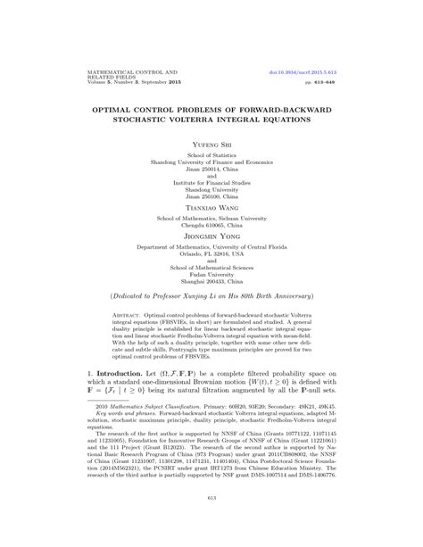 Pdf Optimal Control Problems Of Forward Backward Stochastic Volterra Integral Equations