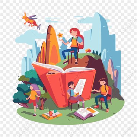 구성 클립 아트 예술 스타일 산 위에 용과 함께 열린 책을 읽는 아이들의 그림 만화 벡터 Png 일러스트 무료 다운로드