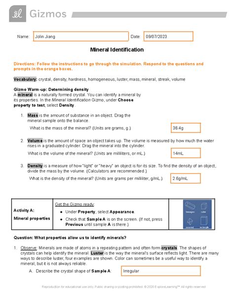 Mineral Identification Gizmo Name Jolin Jiang Date 09 07 Mineral Identification Directions