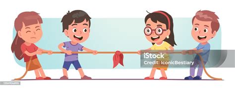 전쟁 게임의 줄다리기를 재생 아이들 행복한 여자 소년 친구 팀 로프 경쟁을 당겨 어린이 레저 엔터테인먼트 재미 팀워크 스포츠 활동 플랫 벡터 키드 캐릭터 일러스트레이션