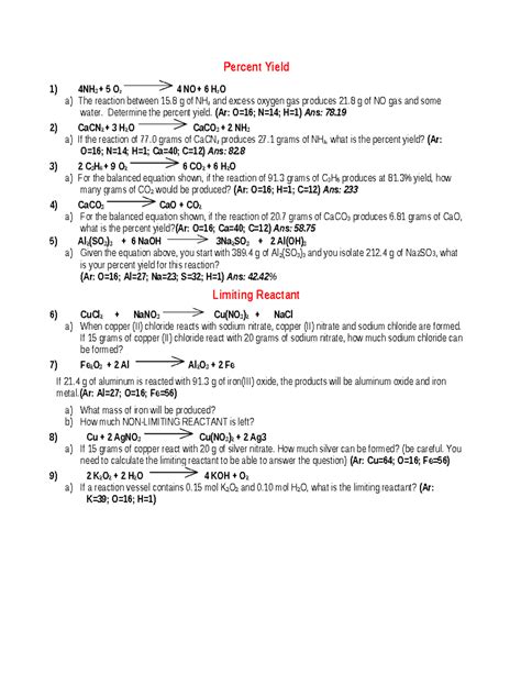 P4 Stoichiometry Practice With Percent Yield And Limiting Reactant