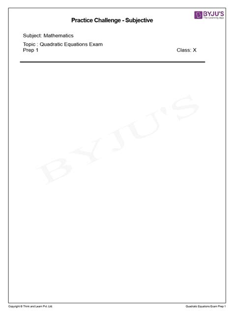 Cbse Class 10 Term 2 Quadratic Equations Subjective Questions Pdf