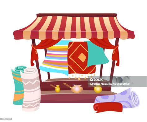 바자는 수제 카펫 만화 벡터 일러스트레이션으로 차양을 거래합니다 동부 시장 텐트 기념품캐노피 페르시아 양탄자 플랫 컬러 오브젝트
