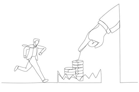 강철 곰 함정에서 동전 돈을 잡으려고 달리는 사업가의 그림 탐욕 재정적 위험과 나쁜 결정에 대한 은유 단일 연속 라인 아트 프리미엄 벡터