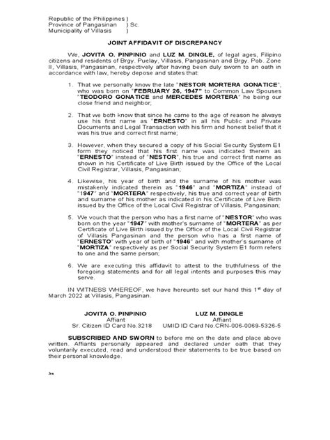 Joint Affidavit Of Discrepancy Sss Pdf Affidavit Common Law