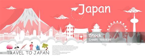 파노라마 여행 엽서 투어 광고 세계적으로 유명한 일본의 랜드 마크 종이 컷 스타일 벡터 일러스트 레이션 도쿄에 대한 스톡 벡터 아트 및 기타 이미지 Istock