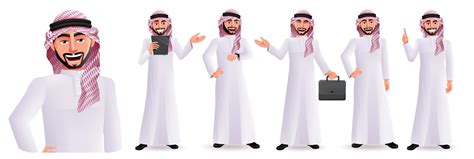 사우디 아라비아 남자 벡터 문자 집합 디자인입니다 행복하고 웃는 아라비아 남성 비즈니스 캐릭터 프리미엄 벡터