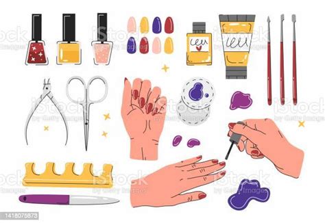흰색 배경에 고립 된 매니큐어와 페디큐어를위한 다양한 요소가있는 대형 컬러 매니큐어가 설정됩니다 만화 플랫 일러스트레이션 손톱에 대한 스톡 벡터 아트 및 기타 이미지