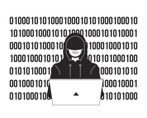 Hacker In Hood Coding Bw Concept Vector Spot Illustration Man With Laptop 2d Cartoon Flat Line