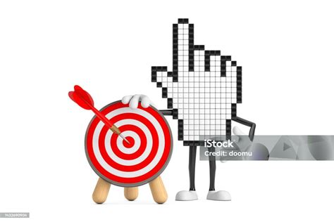 픽셀 핸드 커서 마스코트 사람 캐릭터 양궁 타겟과 다트 중앙에 3d 렌더링 개념에 대한 스톡 사진 및 기타 이미지 개념 겨냥 다트판 Istock