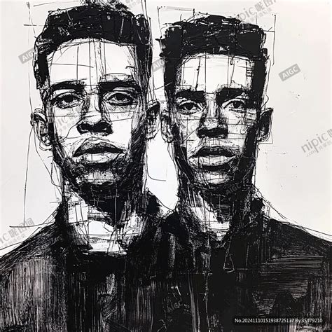 Ai创作图双胞胎兄弟 双人插画 丙烯肖像画 黑百画 当代肖像画 灵气灵动大气笔触肌理 人物头像写生 双拼画 写实主义肖像画 双人立像 洒脱随意大气笔触肌理 美式手绘人物 现代艺术肖像画 二连画