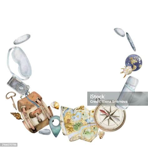 관광 용품 배낭 진공 플라스크 슬리핑 마스크 나침반 열쇠 기념품 수채화 손으로 그린 그림입니다 라운드 리스 프레임 관광 여행 브로셔 소책자 웨딩 가이드 인쇄 카드 가방에