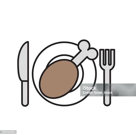 접시 포크 및 칼 칠면조 또는 닭 다리 아이콘 음식 기호입니다 만화 디자인 아이콘입니다 평면 벡터 일러스트입니다 흰색 배경에 고립 건강한 식생활에 대한 스톡 벡터 아트 및