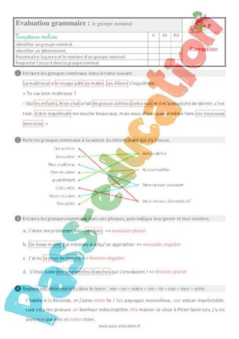 Le groupe nominal Ce2 Étude de la langue Evaluation avec la correction PDF à imprimer