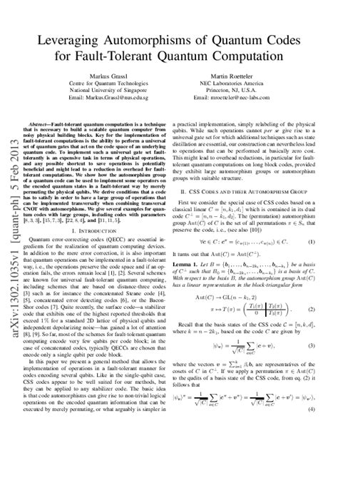 Pdf Leveraging Automorphisms Of Quantum Codes For Fault Tolerant Quantum Computation