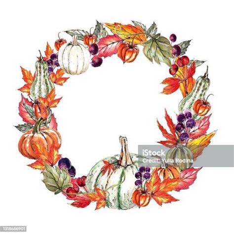 노란색과 오렌지 잎 붉은 열매와 호박가있는 가을 수채화 화환 인사말 카드 종료 초대를위한 수채화 손 드로 인 일러스트 레이션 고립 된 Desing 요소 0명에 대한 스톡